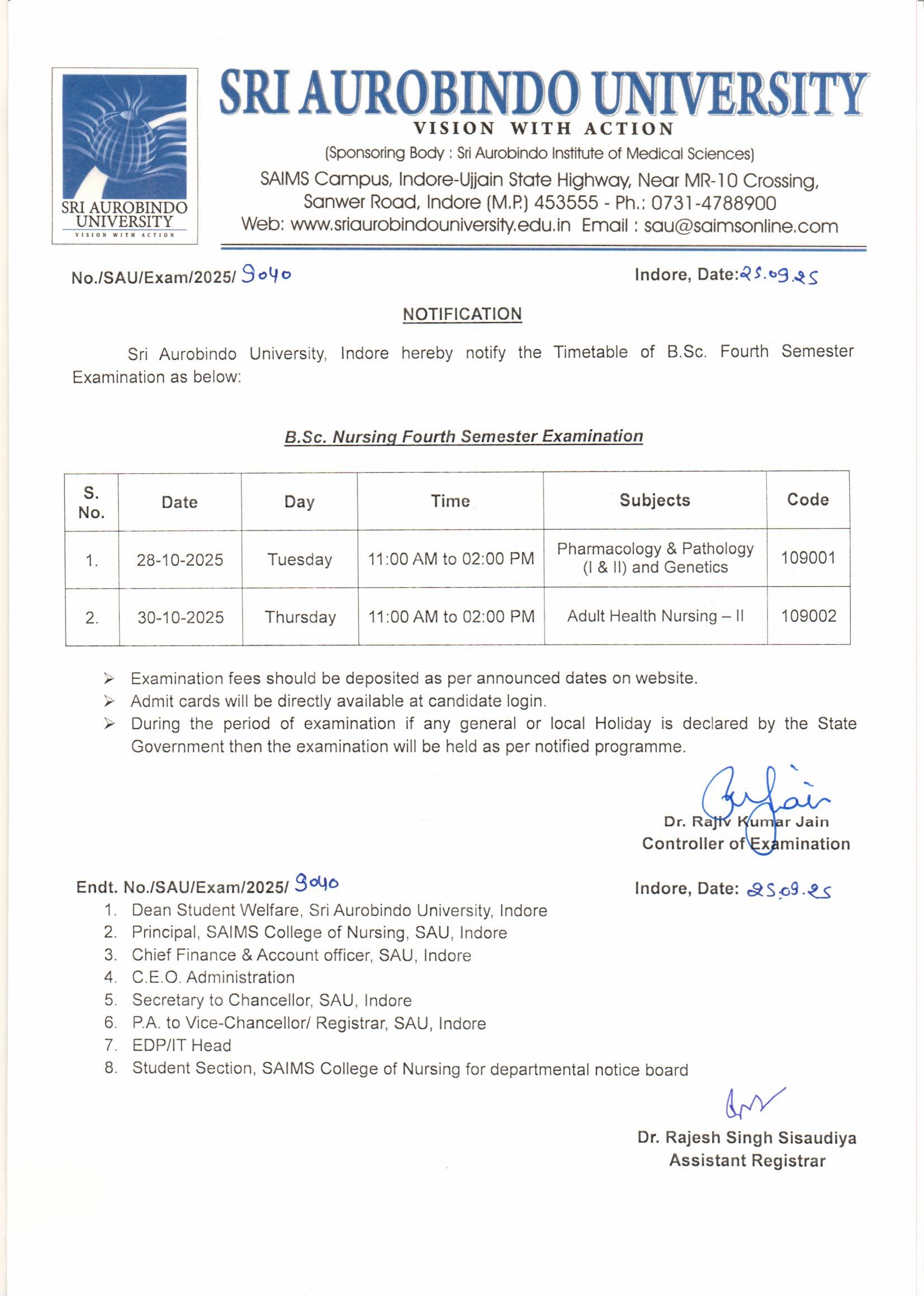 Examination Timetable for B.Sc. Nursing Fourth Semester - 2025
